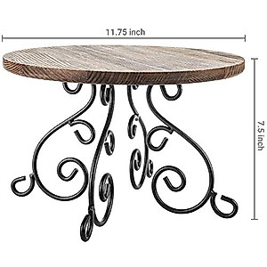 MyGift 12-inch Round Wooden Cake Stand with Rustic Burnt Wood and Black Metal Pedestal Base with Scrollwork Design