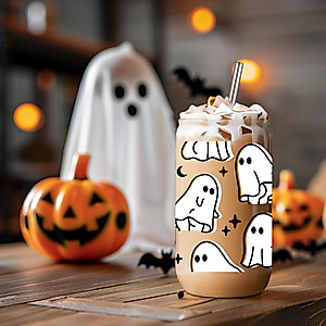 Coolife Funny Halloween Ghost Cup for Women, Cute Spooky Iced Coffee Cup, 16 oz Halloween Tumbler Glass Cups w/Lids Straws, Spooky Gifts for Her Teens, Boo Basket Stuffers, Halloween Gifts for Women