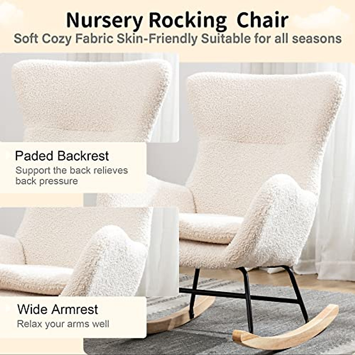 LETESA Nursery Rocking Chair Upholstered with High Backrest and Armrest Accent Chair Cozy Fabric Padded Seat Armchair Single Sofa Accent Glider Rocker for Living Room Bedroom Offices (White)