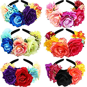 Kigeli 6 Pcs Mexican Flower Headband Day of the Dead Rose Floral Crown Halloween Headpiece for Women Girls Cosplay(Fresh Color)
