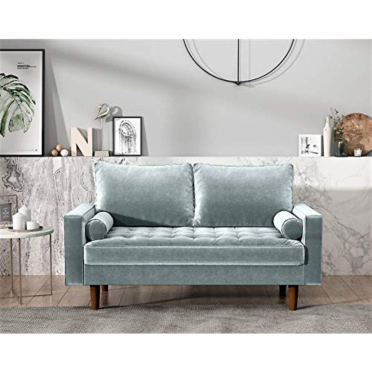 Container Furniture Direct Womble 58 Inch Velvet Loveseat Sofa with Elegant Button Tufted Upholstery, Square Arms, Splayed Wood Legs, Includes Matching Bolster Pillows, Steel Blue