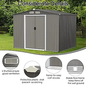 Goplus Outdoor Storage Shed, 8.5’ x 6.8’ x 6’ Weather-Resistant Utility Tool Organizer w/Foundation, 4 Louvers, Double Doors & Ramp, Galvanized Steel Tool Shed for Garden, Lawn, Yard