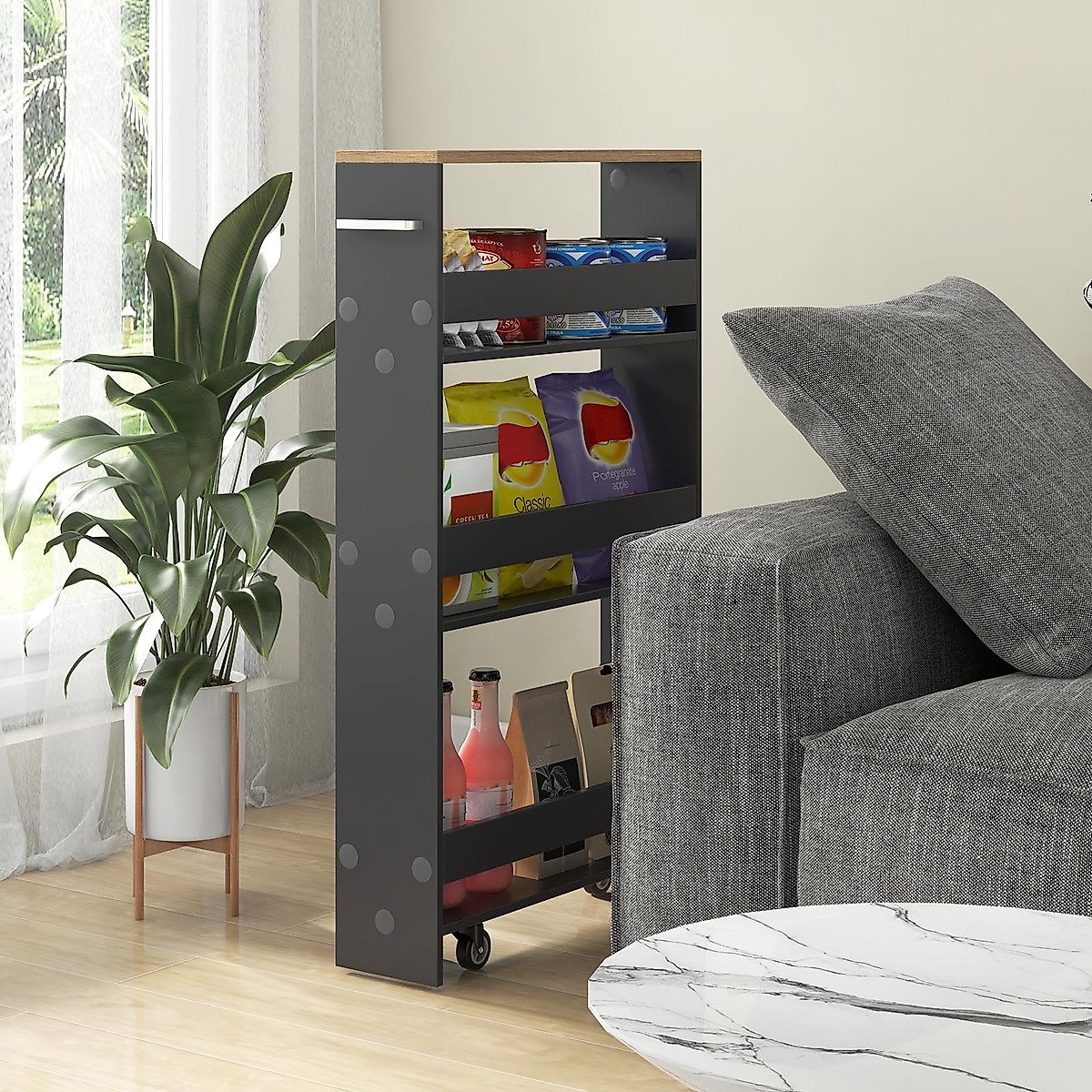 IFANNY Slim Storage Cart, 4-Tier Rolling Cart with Handle, Laundry Cart Between Washer and Dryer, Wood Spice Rack Next to Fridge, Narrow Shelving Unit for Kitchen, Bathroom, Small Spaces (Gray)