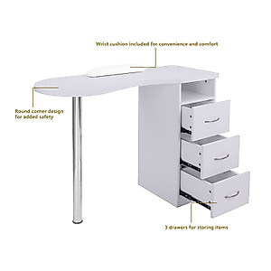 mefeir Manicure Table Nail Desk with 3 Drawers & Arm Rest Cushion for Nail Tech, Beauty Spa Salon Home Wooden Technician Workstation Nail Art Equipment (Titanium White)