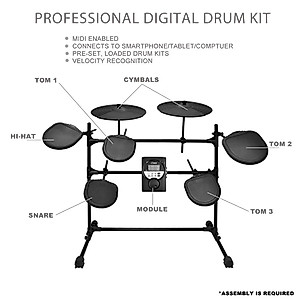 Pyle 9 Piece Electronic Set-Electric Kit with 5 Drum Heads, 2 Cymbal Crash Pads, Hi Hat and Bass Pedal Controller, Module, Stand Rack, Sticks-Professional/Beginners (PED021M)