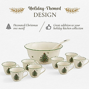 Spode Christmas Tree 10 Piece Punch Bowl Set- Made of Fine Porcelain Includes - 1 Punch Bowl - 1 Ladle - 8 Punch Cups - Punch Bowl is 11 Inch - Punch Cups are 8 oz.