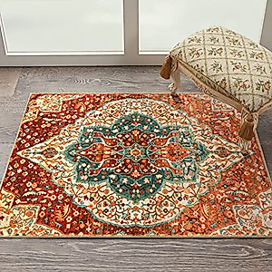 Chaelilife Oriental Floral Medallion Doormat - 2'x3' ft Persian Cream Floral Entry Rug Boho Collection Faux Wool Doormat Non-Slip Washable Carpet for Indoor Front Entrance Kitchen Bathroom Living Room