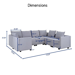 Naomi Home Elizabeth Convertible U Shaped Modular Sofa Sectional Modular Couch with Chaise Oversized Sofa Sleeper Couch for Large Living Room - 7-Seater L Shaped sectional Sofa - Gray