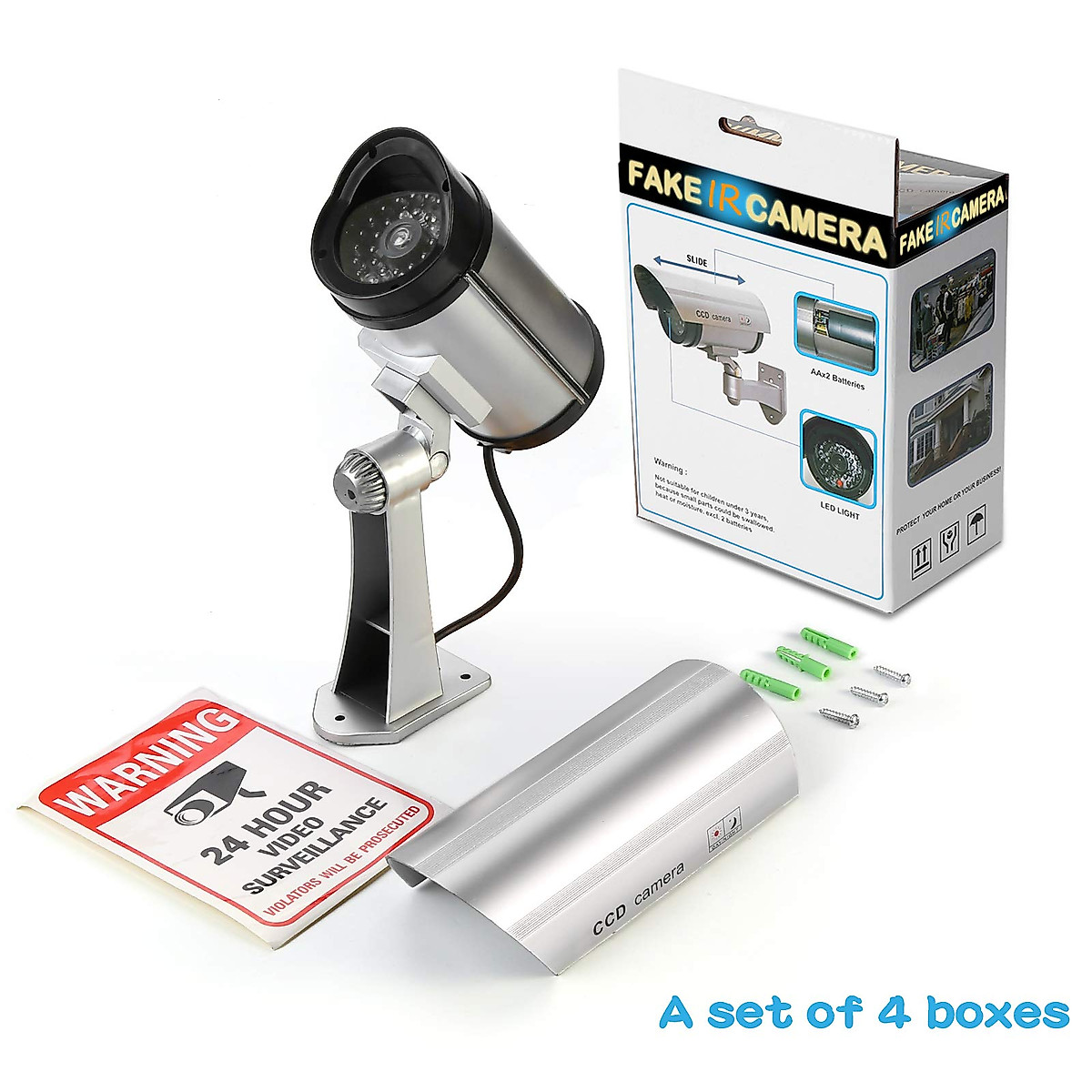 Fake Camera, FITNATE Dummy Camera CCTV Surveillance System with LED Red Flashing Light with 4 Safety Warning Stickers, Fake Security Camera for Outdoor & Indoor Use (4 Packs, Silver)