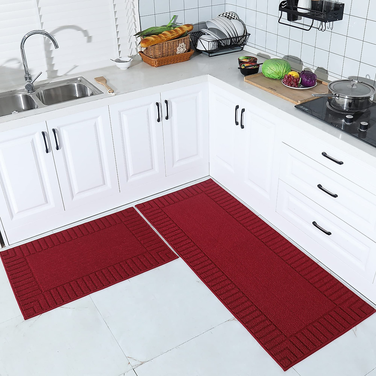 BEQHAUSE-Kitchen-Rugs-and-Mats [2PCS] Non Slip Kitchen Mats for Floor,Machine Washable Burgundy Red Kitchen Rugs,Polypropylene Kitchen Floor Mat with TPR Backing 20x30inch/20x48inch