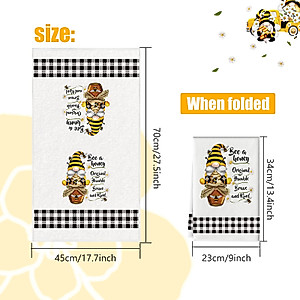 POILKMNI Bee Gnome Kitchen Dish Towels, Honey Black White Buffalo Plaid Check Tea Towels Dishcloths, Summer Farmhouse Daisy Hand Towels, Bee Kitchen Decor, Housewarming Gifts for New Home