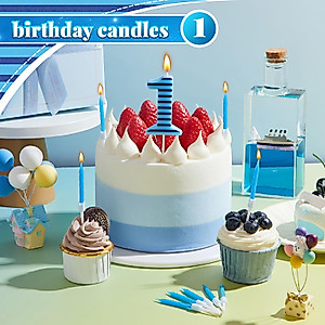 MTLEE Number 1 Birthday Candle Blue Stripes Number Candles First Birthday Candle with 10 Pcs Long Thin Spiral Cupcake Candles in Holders Birthday Number Cake Topper for Birthday Baby Shower Decoration