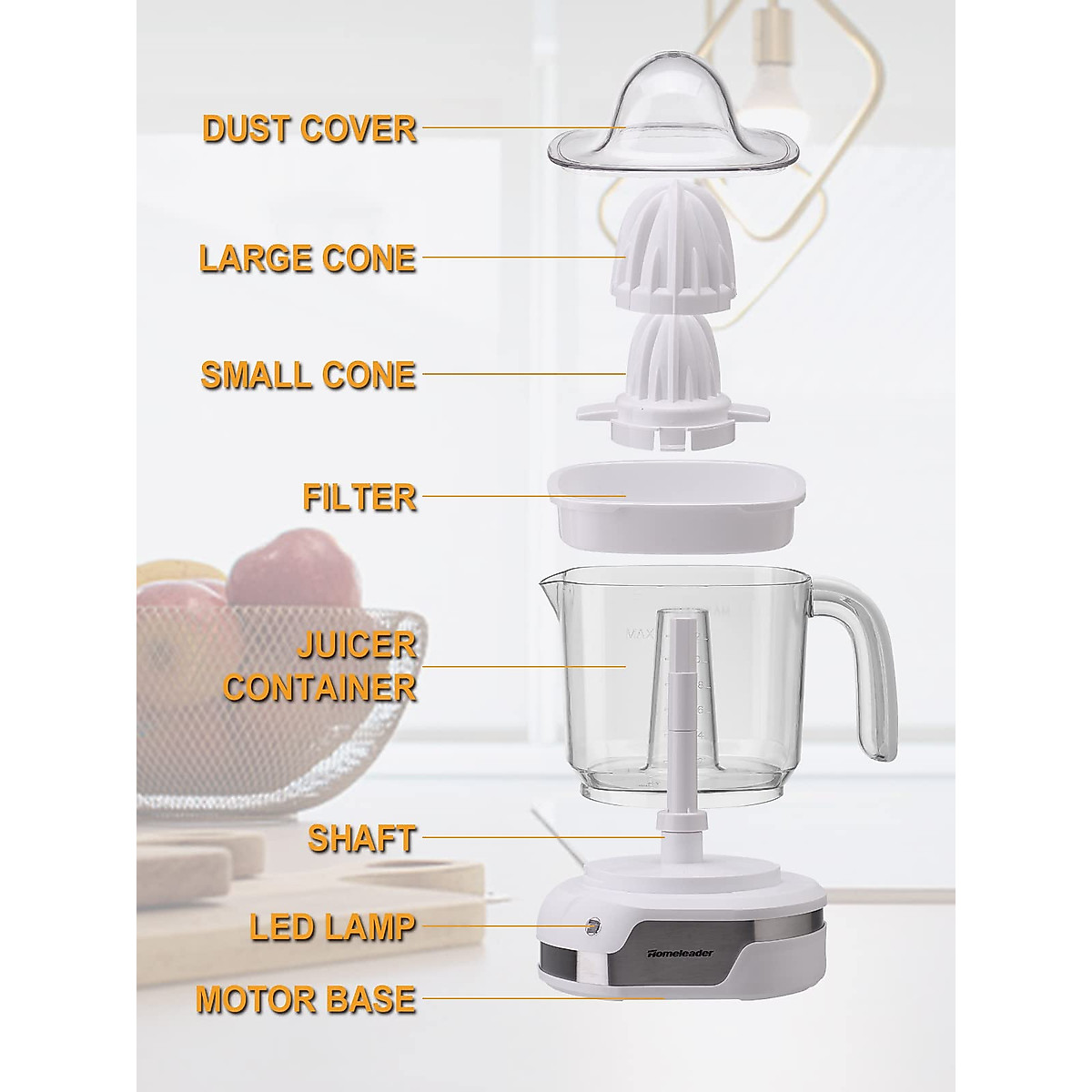 Homeleader Electric Citrus Juicer, Lemon Squeezer with Powerful Motor and LED Working Lamp, Orange Juicer for Grapefruits, Orange and Lemon-White, 1.2L
