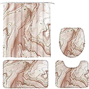 My-baby 4 Pcs Marble Shower Curtain Set with Rug Marble Bathroom Sets with 12 Hooks,White Gold Shower Curtain for Modern Bathroom Decor