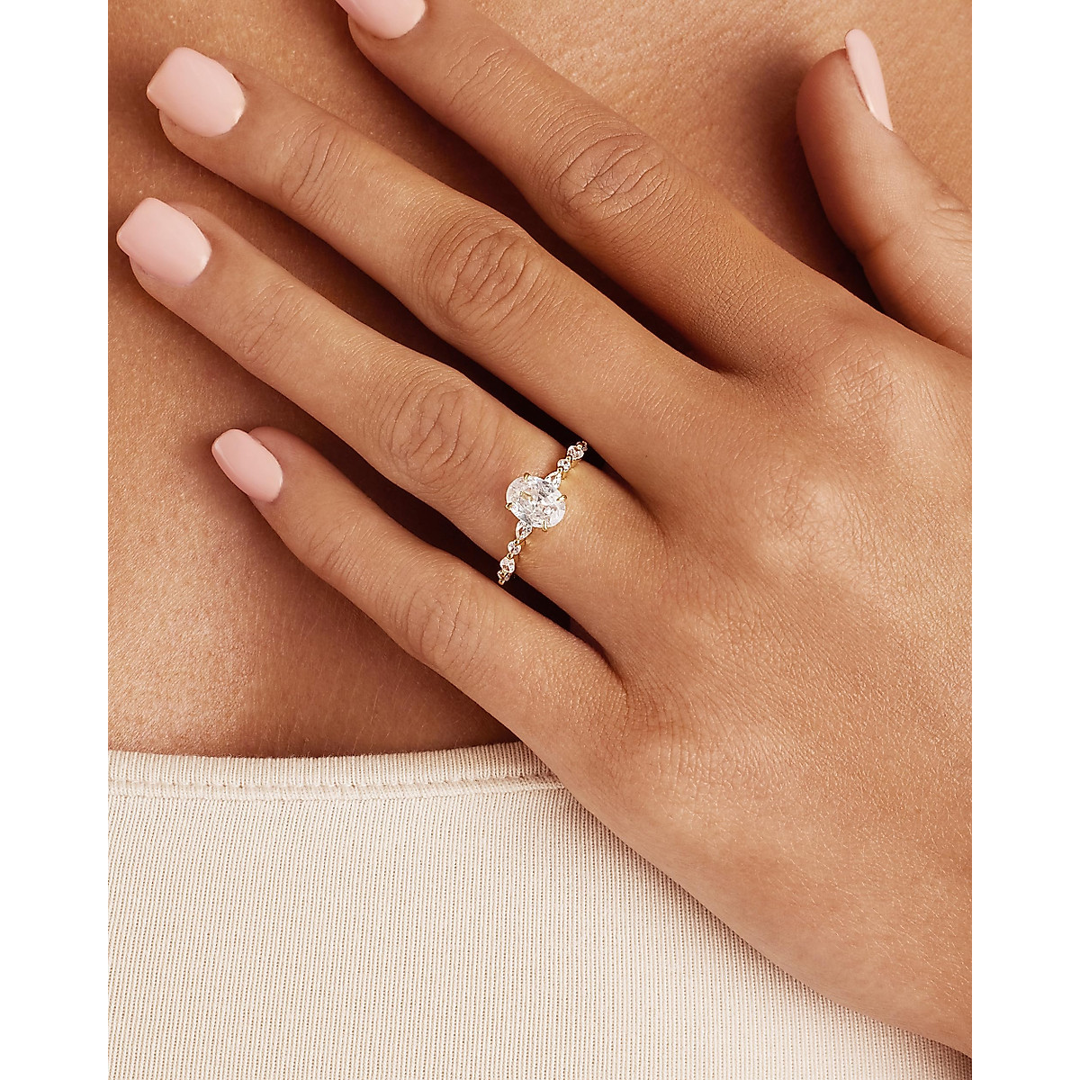 PAVOI 14K White Gold Plated 1.25CT Oval Cubic Zirconia Promise Engagement Ring | Solitaire Wedding Bands | Halo Fake Engagement Ring for Women | Size 8