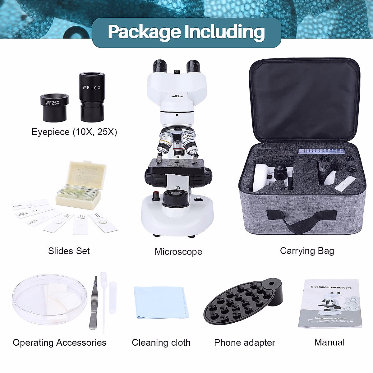 MAXLAPTER Compound Binocular Microscope, 40X-1000X Binocular Microscope with Microscope Slides, Phone Adapter, Storage Bag, Microscope for Adults Kids Students Homeschool Education/Hobbyist Use