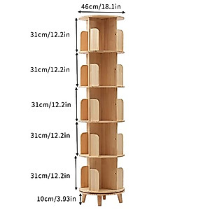 HAPPCUCOE Bookcase 360° Rotating Bookshelf Floor Standing Organizer Storage Shelf Display Rack for Living Room Study Room Bedroom Home Office (Wood 5 Tiers)