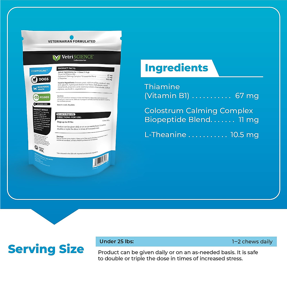 VETRISCIENCE Composure Calming Treats for Small Dogs Dealing with Anxiety, Separation Stress, Noise, Thunder and Barking - Yummy Flavored Chews Pets Love, 30 Chews