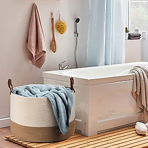 Extra Large Cotton Rope Basket KRUIO Collapsible Woven Laundry Basket with Handles for Laundry, Nursery, Toys, Towels, Blankets and Pillows Even More, Rope Storage Basket(20”x13”, Beige/Hemp Yellow)