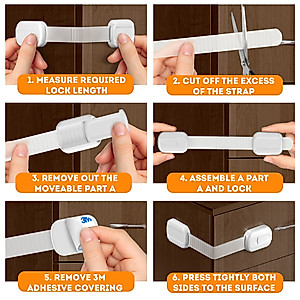 Baby Safety Cabinet Locks (6 Pack + 4 Guards) 3M Adhesive Child Proofing Latches, to Baby Proof Cupboard, Drawers, Fridge, Toilet Seat, Dishwasher, Adjustable Kids Proofing Straps