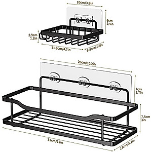 RIGEL STAR Shower Caddy with Soap Dish + 4Hooks, Adhesive Organizer, No Drilling Shelf, Rustproof Stainless Steel Rack With Soap Dish for Bathroom and Kitchen Storage, Matte Black
