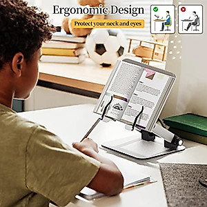 Book Stand for Reading, Grathia Adjustable Book Holder with Page Clips & Multi Heights Angles, Aluminum Ergonomic Desk Page Holder Foldable Book Stands Holder for Textbook Recipe Music Tablet (12'')