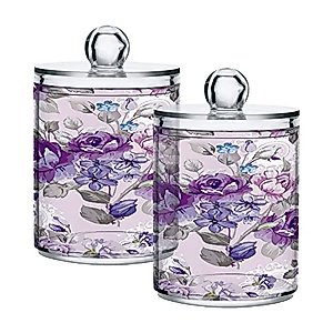 WELLDAY Apothecary Jars Bathroom Storage Organizer with Lid - 14 oz Qtip Holder Storage Canister, Retro Purple Flowers Clear Plastic Jar for Cotton Swab, Cotton Ball, Floss Picks, Makeup Sponges,Hair