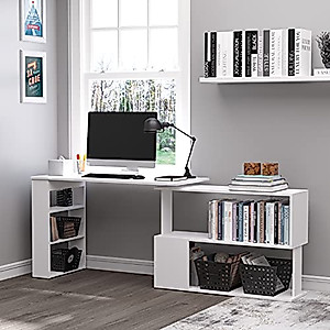 HOMCOM 360 Degree Rotating Home Office Desk L Shaped Corner Computer Desk with Storage Shelves, Writing Table Workstation, White
