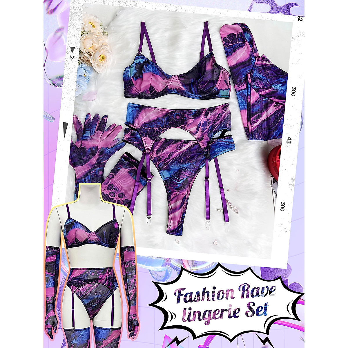 popiv Women Sexy Garter Lingerie Set Festival Rave Outfits Marble Print Tie Dye Lingerie Matching Bra Sets 5pc