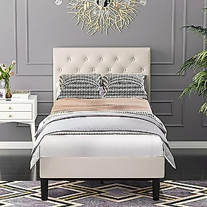 HOMBCK Twin Bed Frame, Upholstered Bed Frane Twin with Button Tufted Headboard, Linen Fabric Modern Bed Frame, Sturdy Wood Slat Support, No Box Spring Needed, Beige