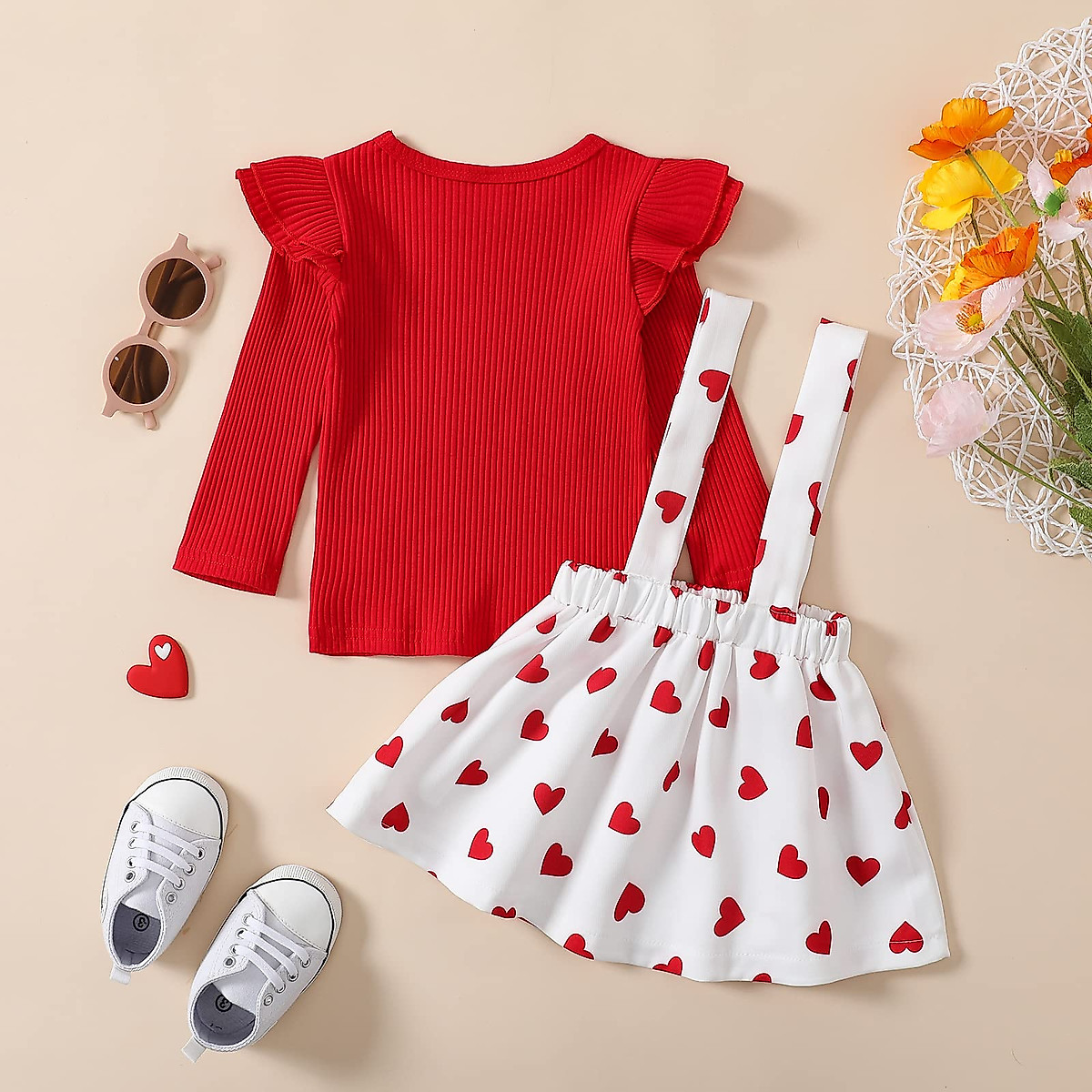 My First Valentine's Day Toddler Girls Outfits Ruffle Ribbed Long Sleeve Shirt Top Heart Print Tutu Suspenders Skirt (Red, 4-5T)