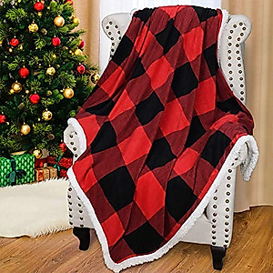 Catalonia Red Black Plaid Sherpa Blanket, Buffalo Sherpa Throw Blanket, Reversible Super Soft Warm Comfy Fuzzy Snuggle Holiday Throws for Couch Sofa Cabin Decro