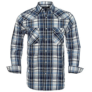 Western Shirts for Men with Snap Buttons Regular Fit Plaid Mens Long Sleeve Shirts Casual,Blue White 009, X-Large