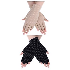 Boao 2 Pieces Women Sunscreen Fingerless Gloves UV Protection Half Finger Sunblock Gloves for Driving Riding Fishing Golfing Outdoor Activities (Black, Khaki Dot)