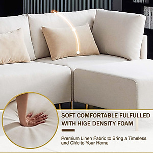 Anewome 143" Modular Sectional Sofa, Linen Fabric 4 Seat U-Shaped Couch with Ottoman Comfy Modern Convertible Sectional Sofa for Living Room Upholstered Boho Sofa with Metal Legs, Beige+Brown Pillow