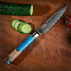WAK Professional Sharp Kitchen Utility Knife 5 inch, High Carbon Stainless Steel Damascus Cooking Knife, Japanese Cutlery Knife with Non-stick Blade, Blue Resin Wood Ergonomic Handle