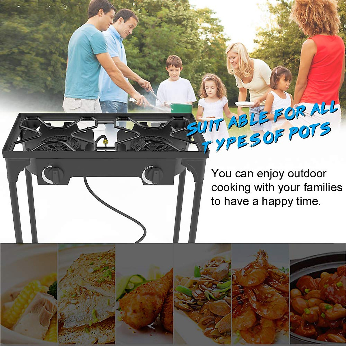 Outdoor & Indoor Portable Propane Stove, Single & Double Burners with Gas Premium Hose, Detachable Legs for Backyard Kitchen, Camping Grill, Hiking Cooking, Outdoor Recreation (DB02-Large,2 Burners)
