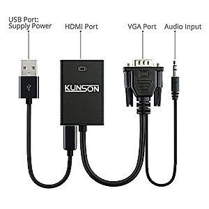 KUNSON VGA to HDMI Audio USB Conversion Cable, Slim Design, No Power Adapter Required, Supports Plug and Play, Suitable for Most Electronic Devices