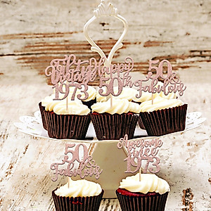 30 PCS Happy 50th Birthday Cupcake Toppers Glitter Fifty 50 Fabulous Vintage 1973 Cupcake Picks Cheers to 50 Years Cake Decorations for 50th Birthday Anniversary Party Supplies Rose Gold