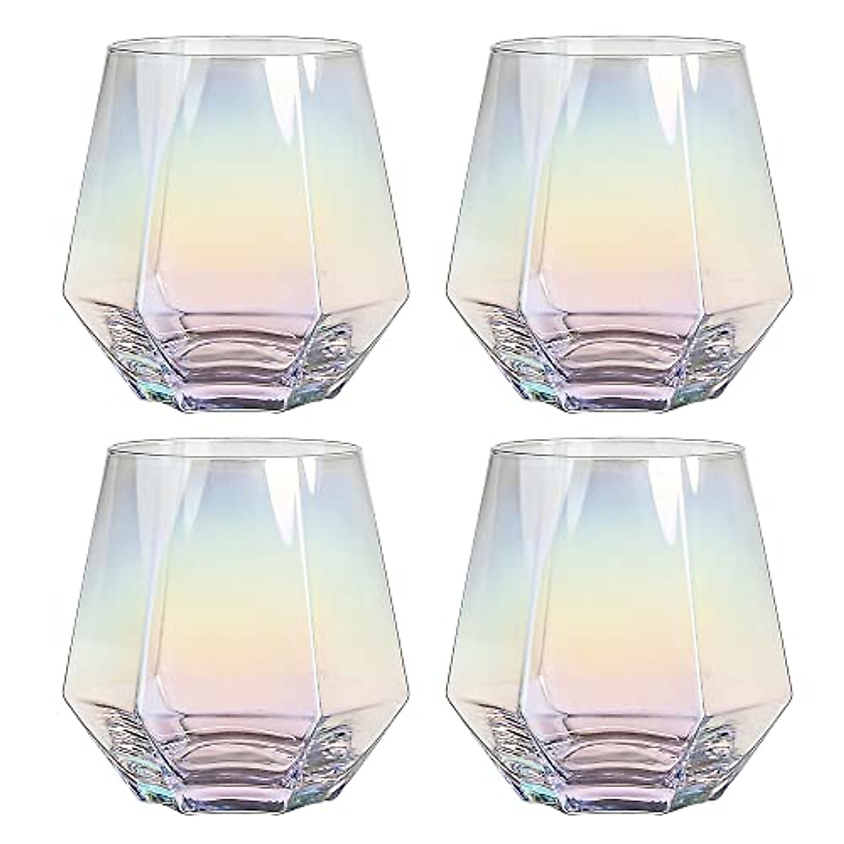 Vanleonet Colored Diamond Stemless Wine Glasses Set,Modern Rainbow Wine Glass, Iridescent Wine Glass Gifts for Women,Men, Old Fashioned Rainbow Glass for Party