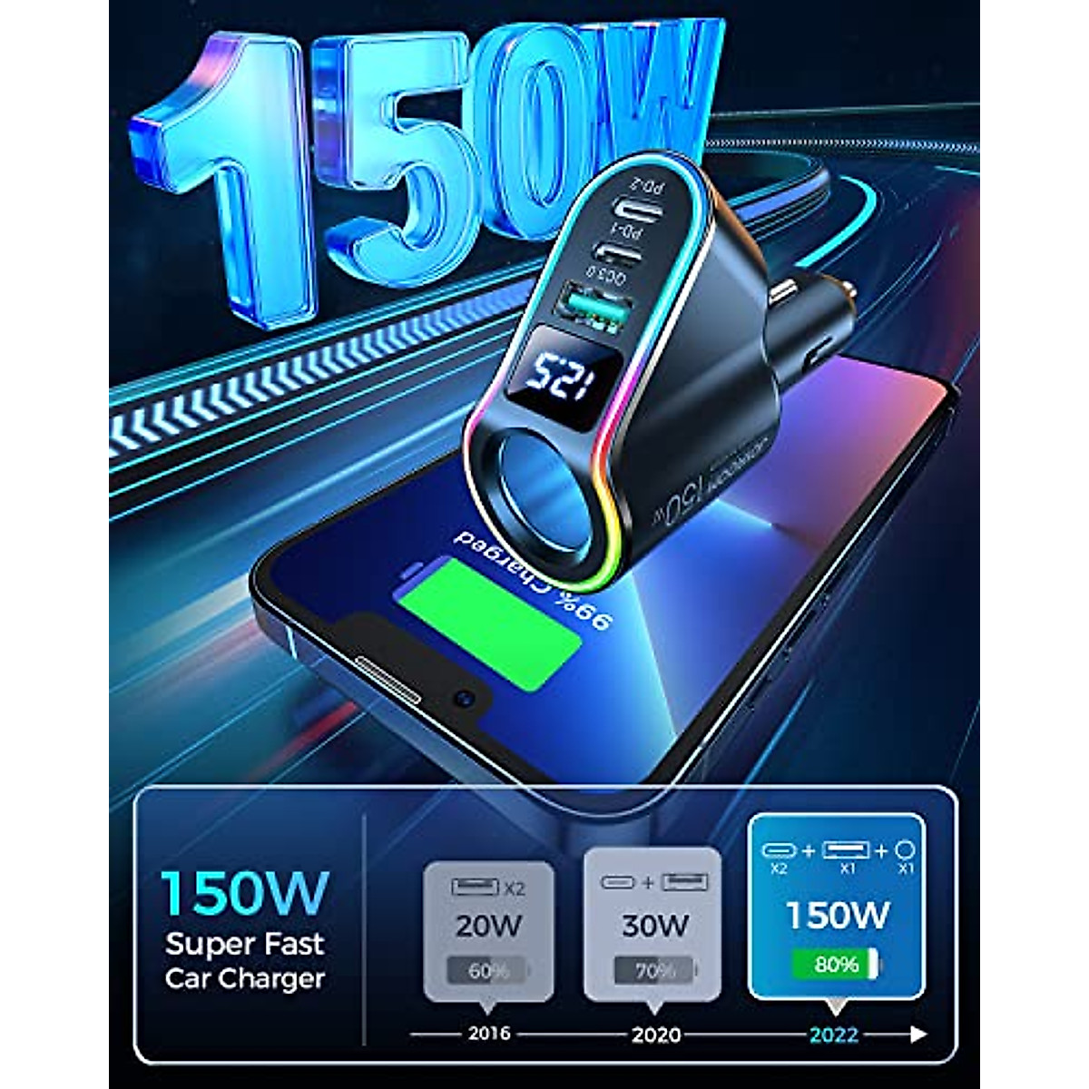 Cigarette Lighter Splitter, 150W 4 in 1 Cigarette Lighter USB Charger 12V Car Charger Adapter, PD3.0 & QC3.0 30W Super Fast USB C Car Charger Compatible with iPhone14 Pro Max/Pro/Samsung/GPS/Dash Cam