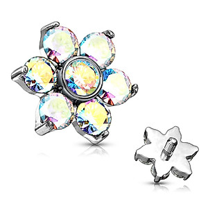 Pierced Owl Set of 4 Stainless Steel Prong Set Crystal Flower Internally Threaded Dermal Anchor Tops (16GA (1.2mm))