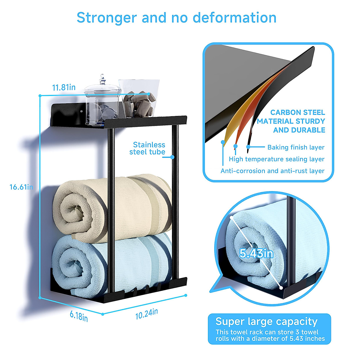 RRM Towel Racks for Bathroom, 2 Tier Wall Towel Holder, Metal Wall Towel Rack Mounted Towel Storage Towel Storage with 2 Tier Metal Shelf and 3 Hooks for Small Bathroom (Matte Black)