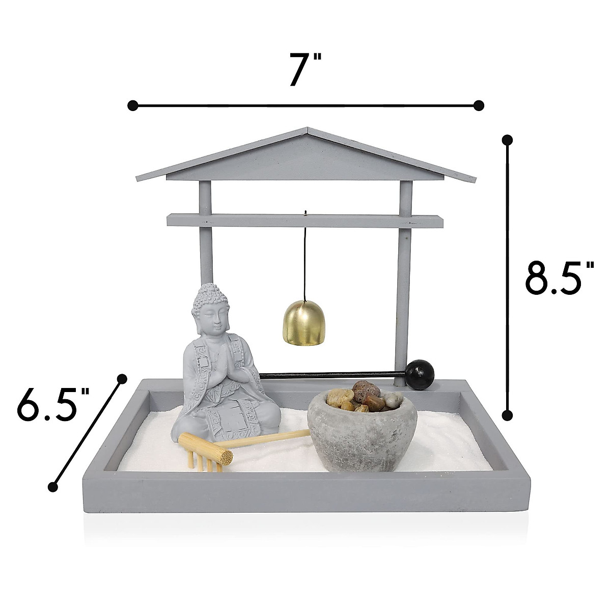 Gray Japanese Zen Garden Sand Box with Miniature Gold Bell Design - Mini Buddha Statue in Sand - Perfect Meditation Gifts for Relaxation and Mindfulness - Perfect Home and Office Decor