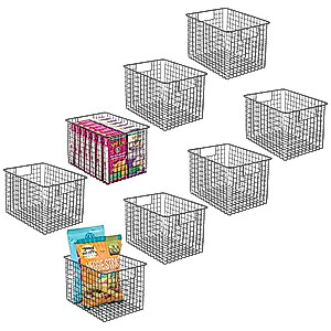 mDesign Metal Wire Food Storage Basket Organizer with Handles for Organizing Kitchen Cabinets, Pantry Shelf, Bathroom, Laundry Room, Closets, Garage - Concerto Collection - 8 Pack - Graphite Gray