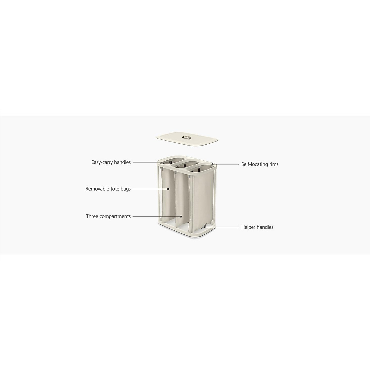 Joseph Joseph Tota - Trio 90-liter Laundry Hamper Separation Basket with lid, 3 Removable Washing Bags with Handles- Ecru