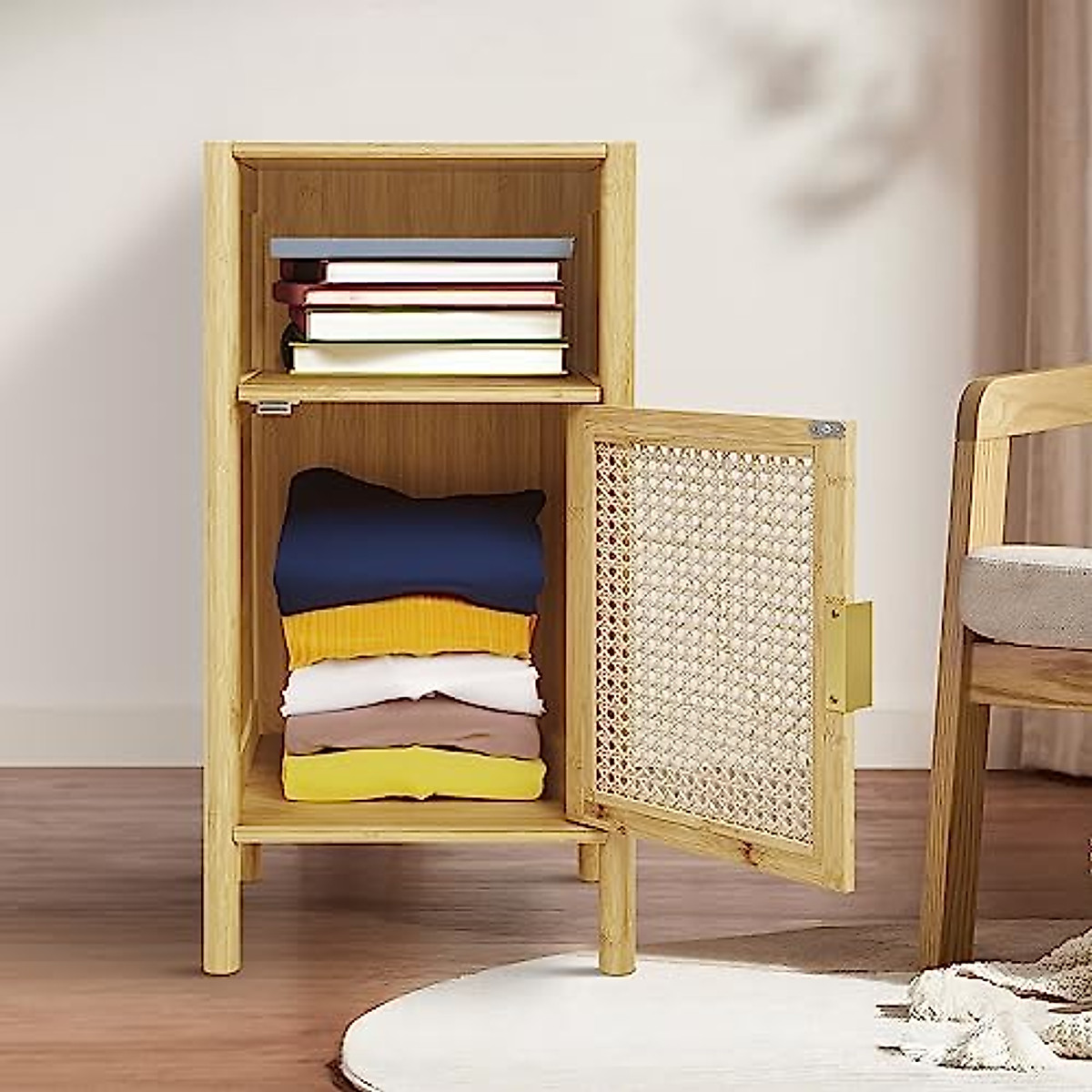 INMOZATA Bamboo Nightstand 1 Door Cabinet, Rattan Bedside Tables with Open Shelf, Natural Rattan Nightstand for Bedroom