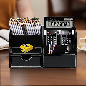 Desk Organizer, PU Leather Desktop Organizers and Accessories, Office Supplies Multi-Functional Caddy Storage with 6 Compartments and 1 Drawer, Workspace Organizer for Office Home School Classroom