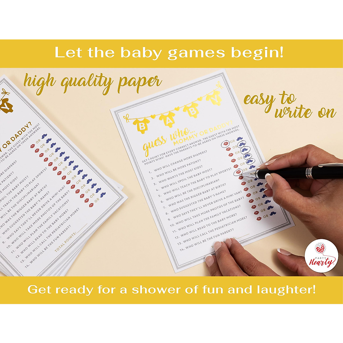 Party Hearty Baby Shower Games for Girl or Boy, 50 pcs Mommy or Daddy Guess Who Game, Fun Activity Cards, Gender Neutral, Baby Shower Ideas