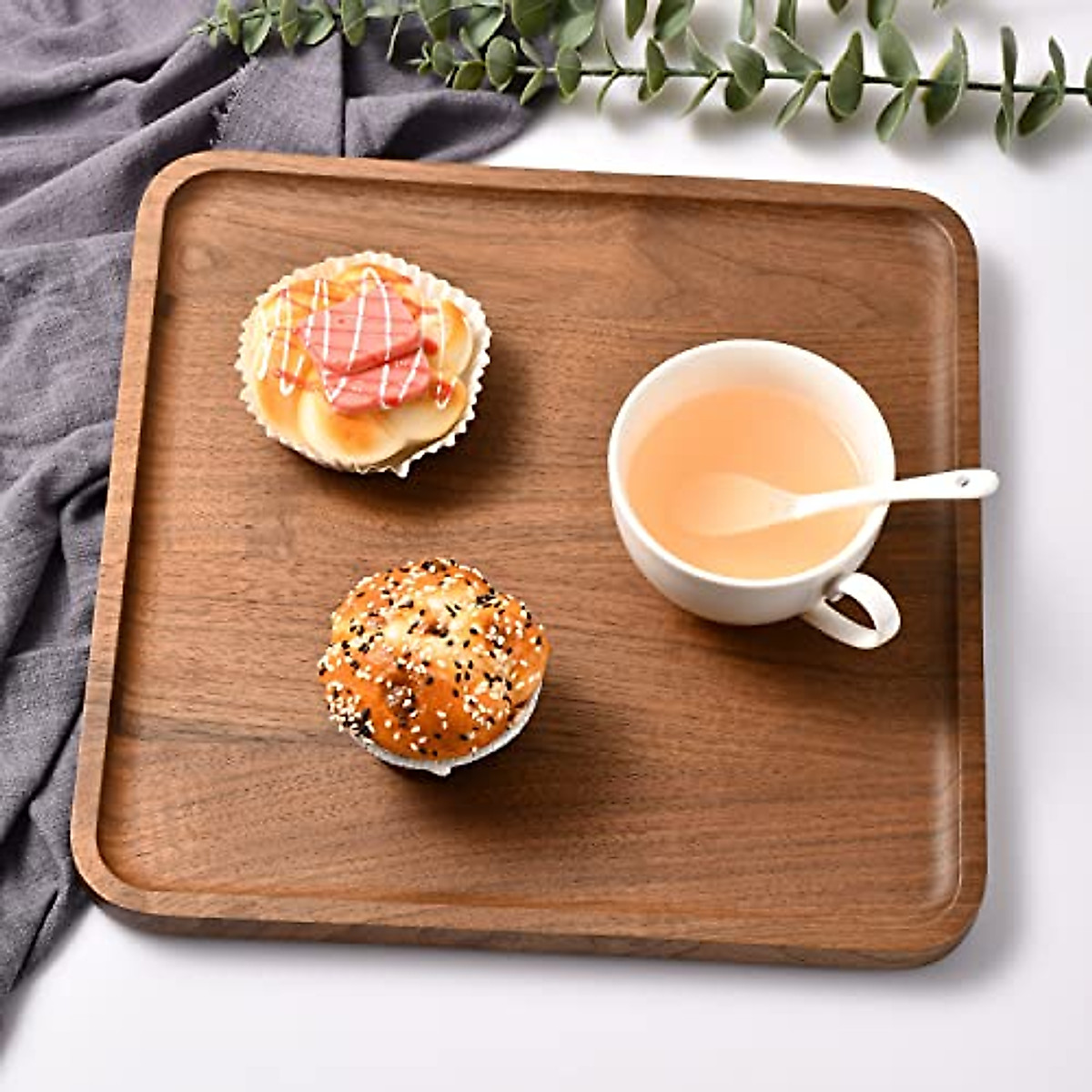 Insunen Walnut Serving Tray, Square Wood Coffee Table Tray for Food Eating, Wooden Ottoman Trays for Decor(11.8x11.8x0.7in)